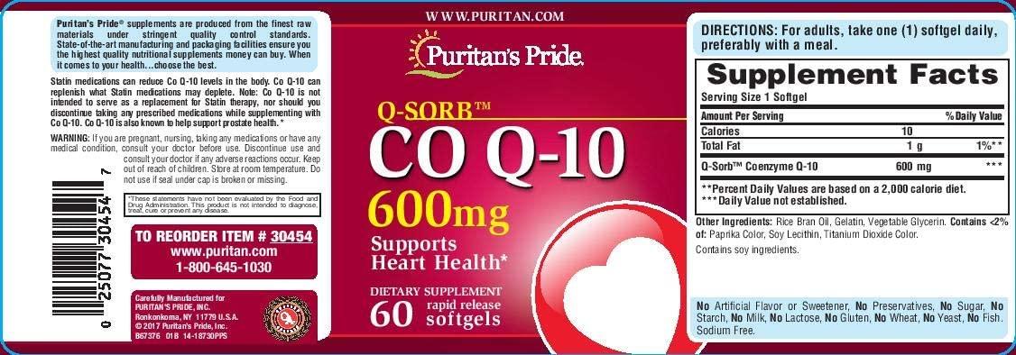 Q-Sorb CoQ10 600mg Softgels for Heart Health - 60 Rapid Release by Puritan's Pride | Buy Now ...