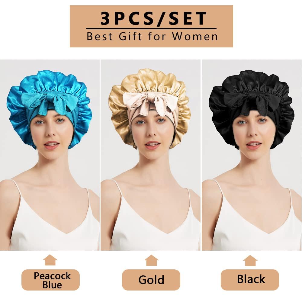 3pcs Satin Bonnets for Black Women - Large Silky Bonnet Set in B- Black ...