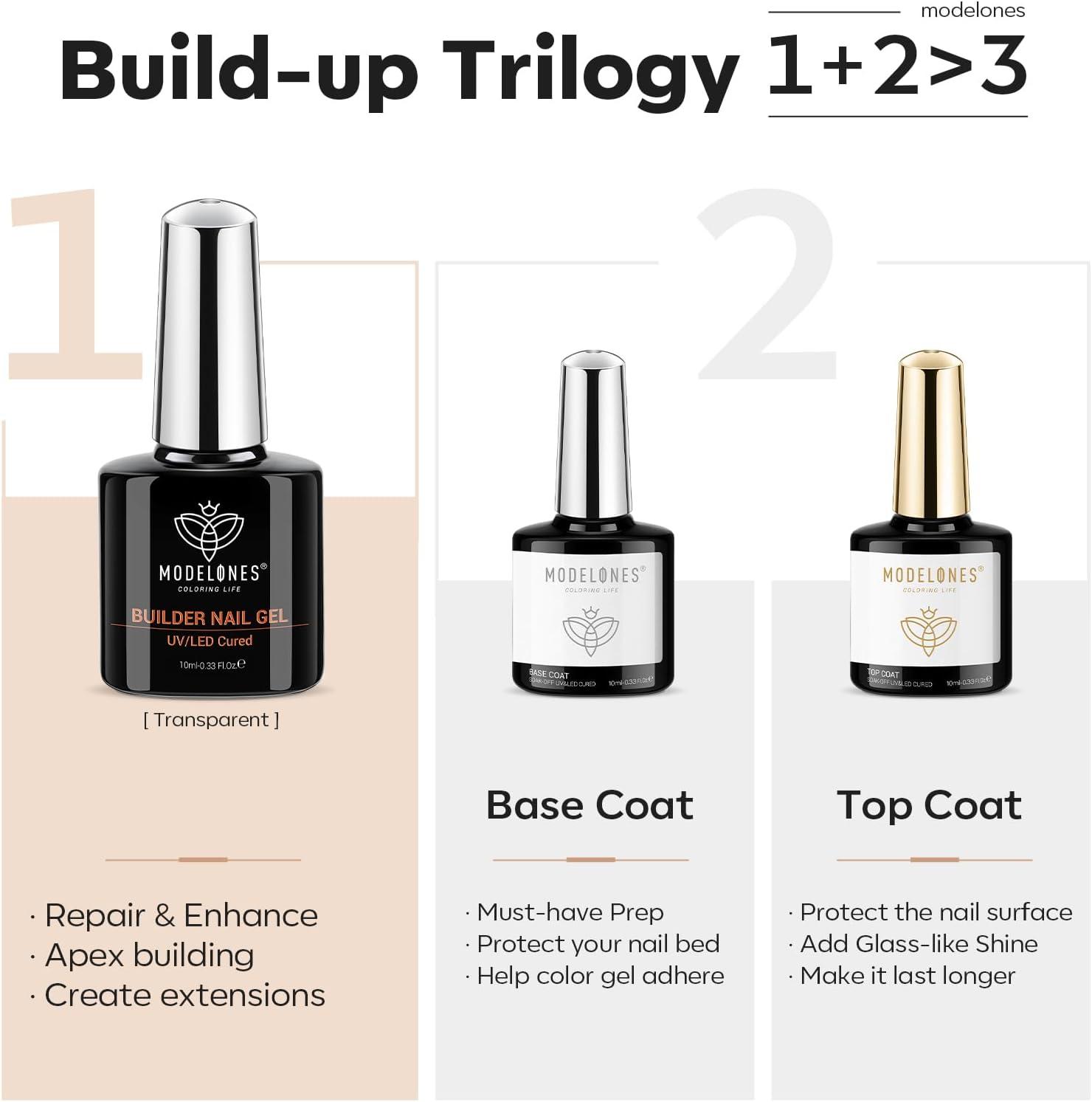 Modelones Builder Gel Set - 3Pcs No Wipe Base and Top Coat Gel Nail Polish with Gel Builder ...