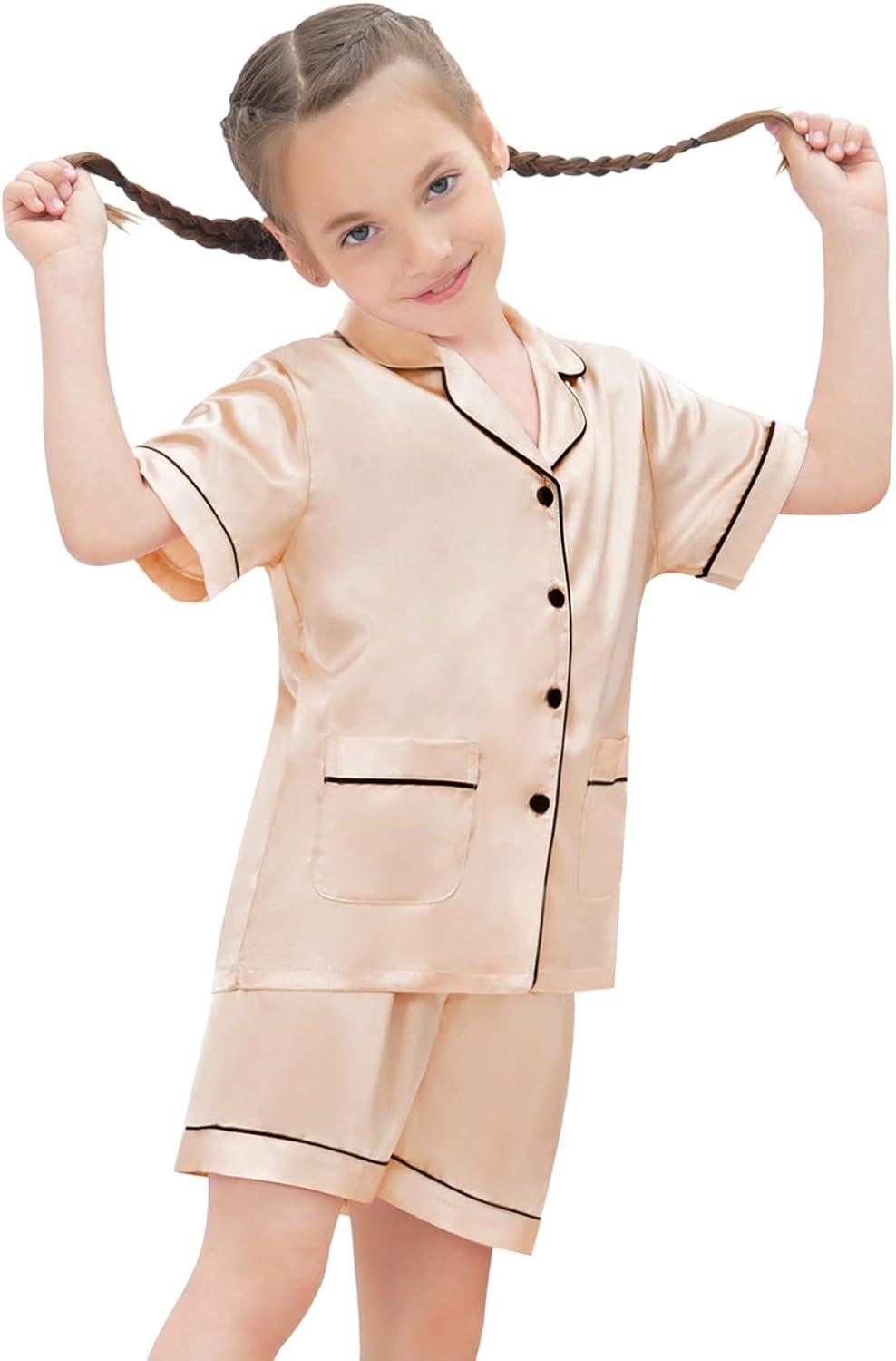 SWOMOG Kids Satin Pyjamas Set | Button-Down Short Sleeve Silk Nightwear ...