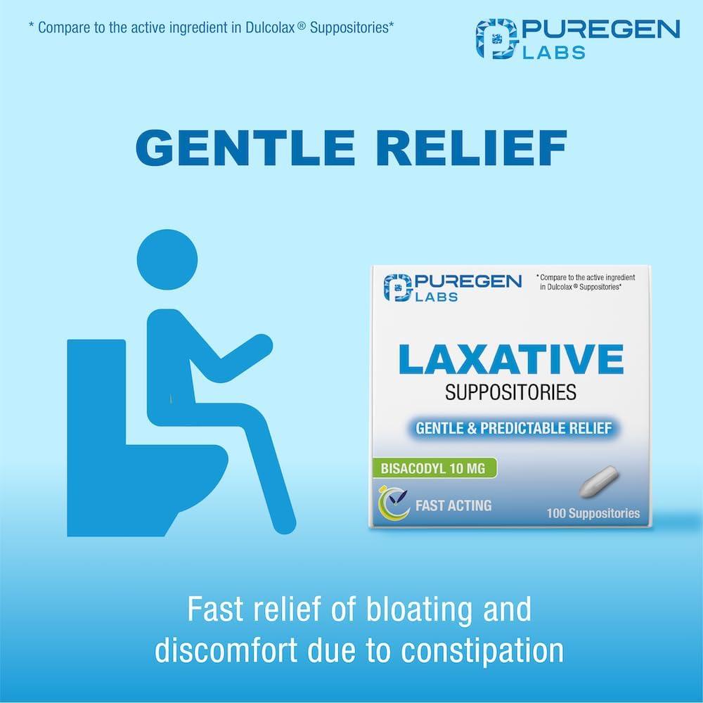 Puregen Labs Fast Relief Laxative Suppositories - 100 Count Bisacodyl ...