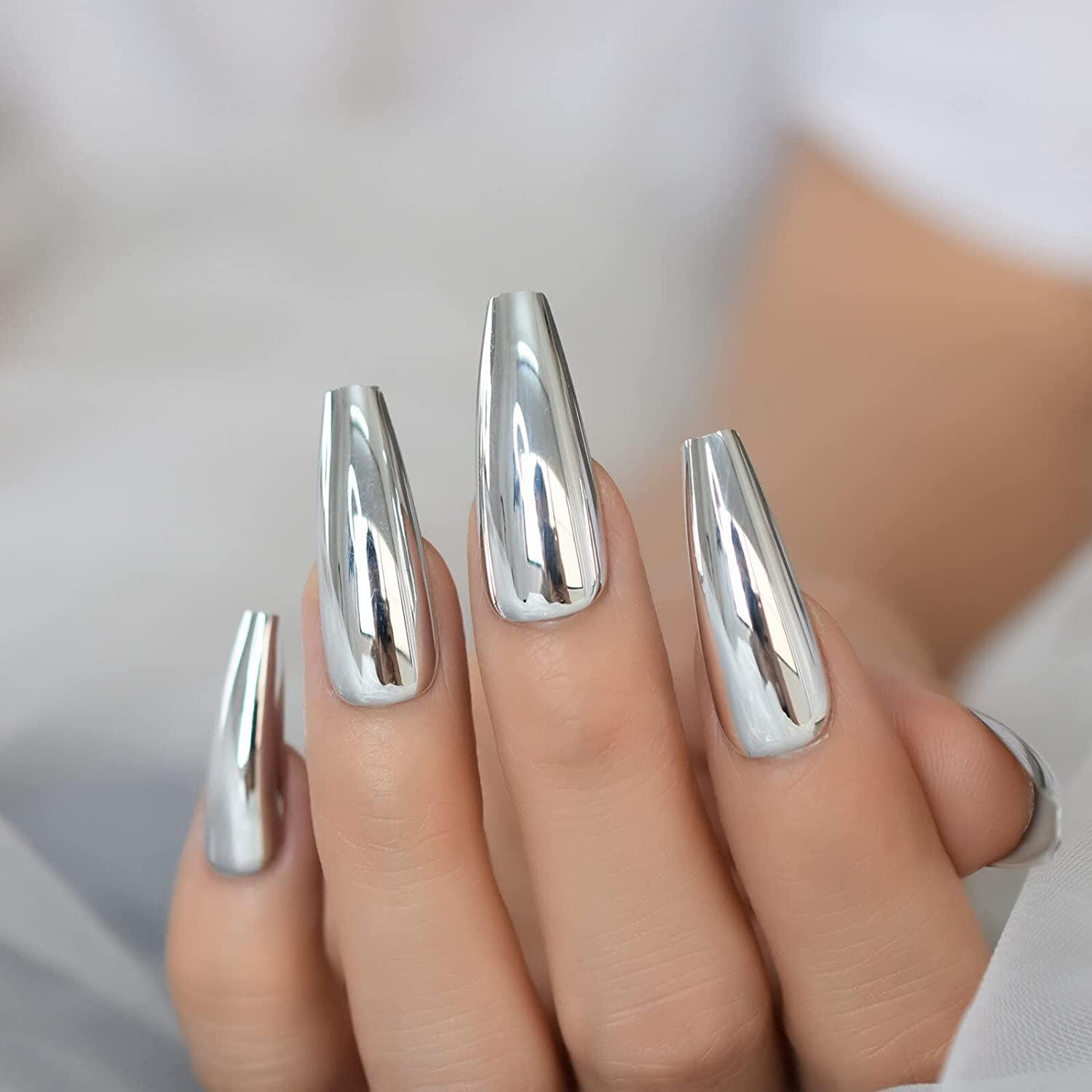 Silver Punk Metallic Press On False Nails - Long Coffin Ballerina ...