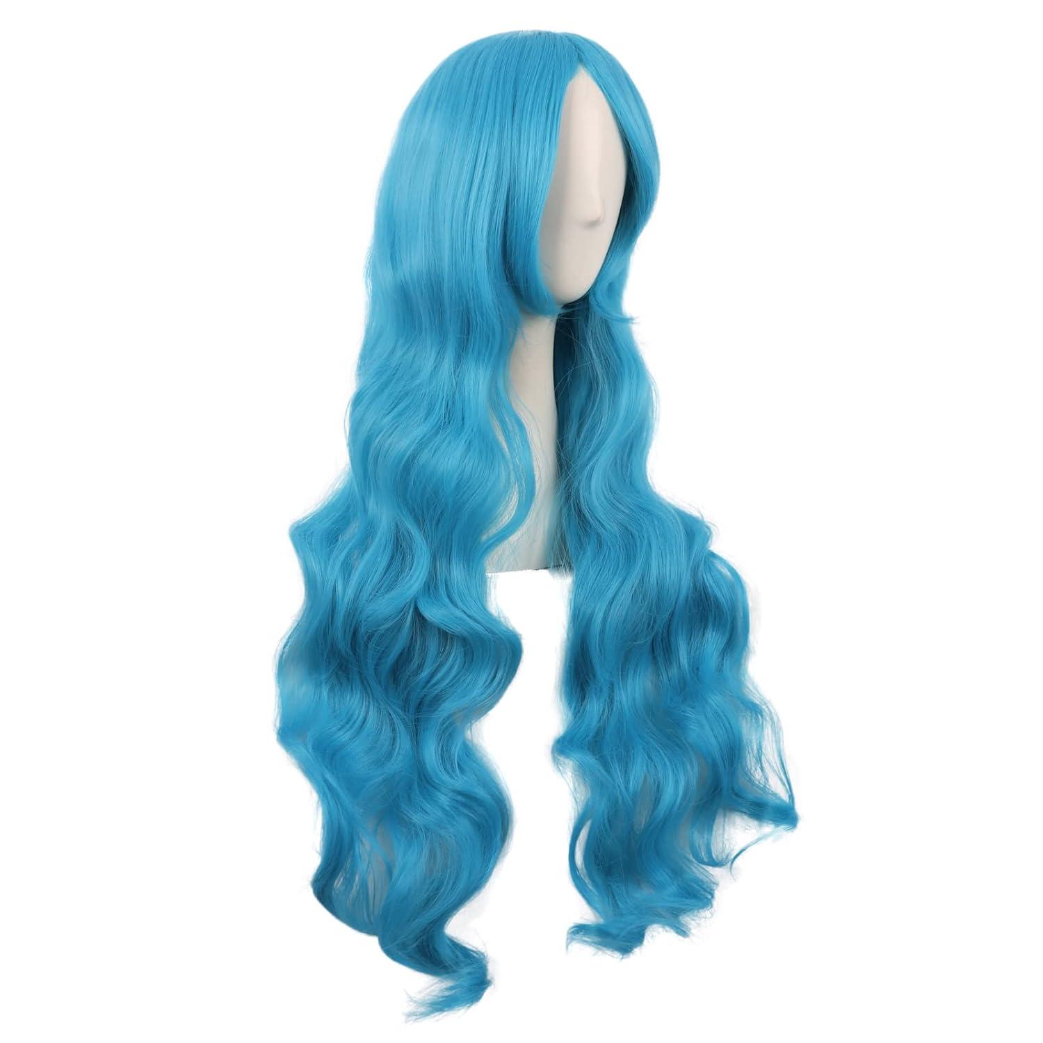 MapofBeauty 32 Curly Hair Anime Wig - Cyan Blue Cosplay with Side Bangs ...