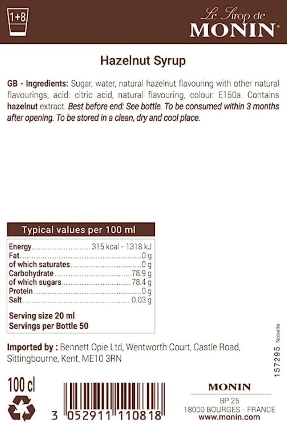 MONIN Premium Sugar Free Hazelnut Syrup 1L with FREE Cocktail Recipe ...