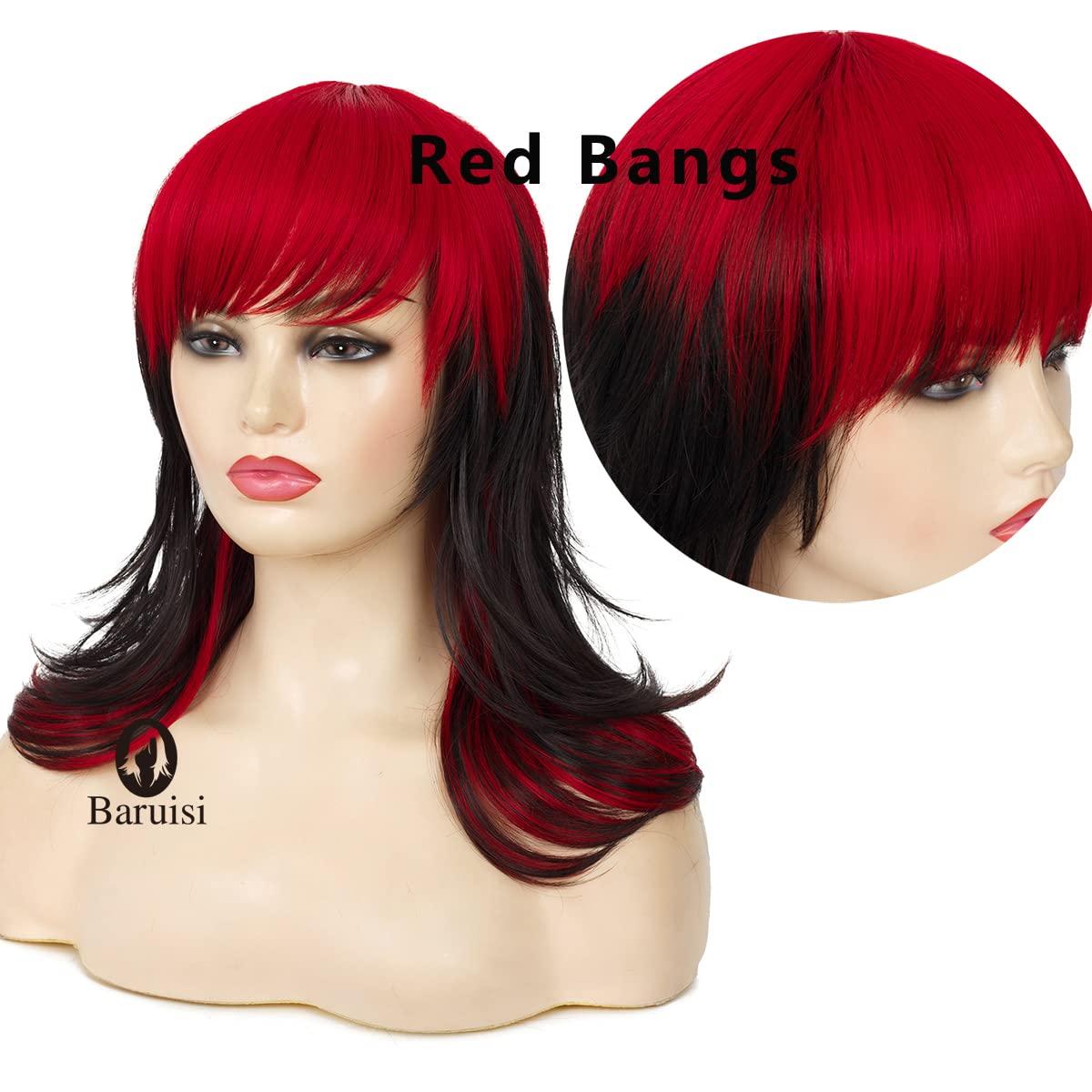 Baruisi Black Red Shoulder Length Layered Shaggy Wig with Bangs ...