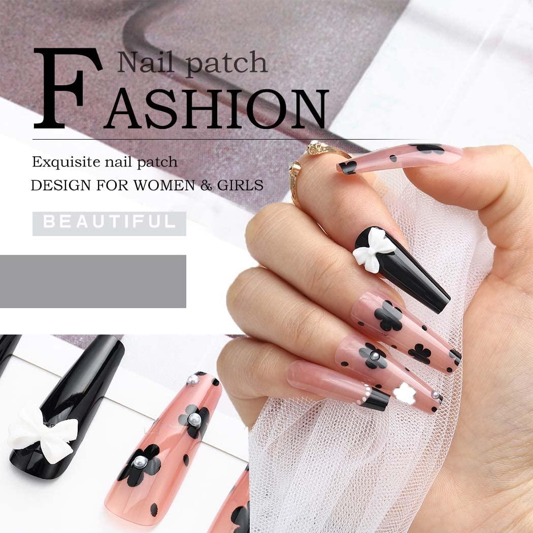 Aksod Cute Long Coffin Press on Nails Black Glossy Flower Bow French ...