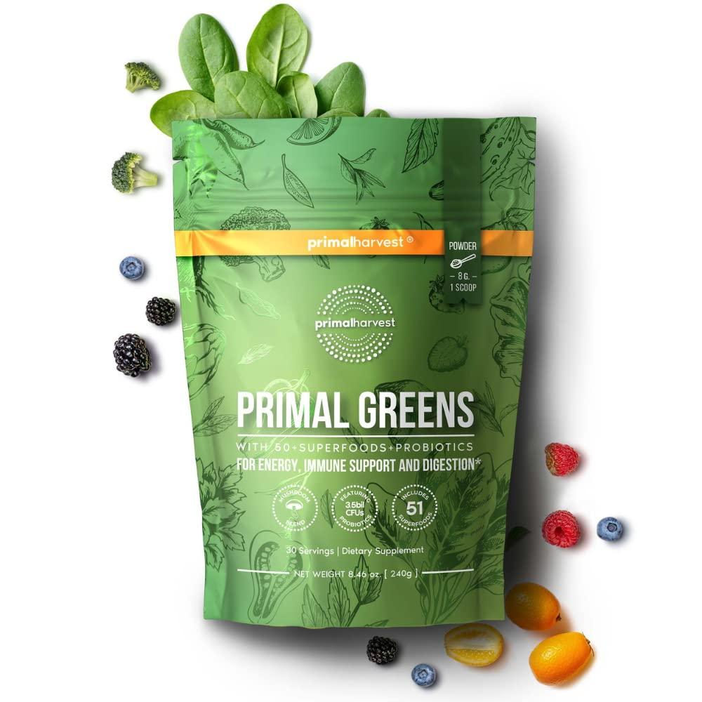 Primal Harvest Super Greens Powder - 30 Servings with 50+ Superfoods ...