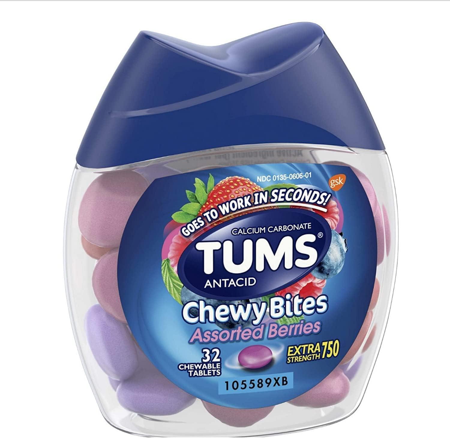 32 Count (1 Package) TUMS Chewy Tablets Assorted Berries Extra Strength ...