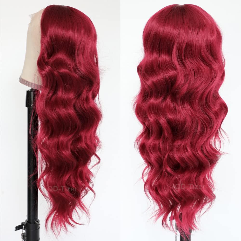 QD-Tizer Burgundy Red Lace Front Wig - Long Wavy Heat Resistant ...