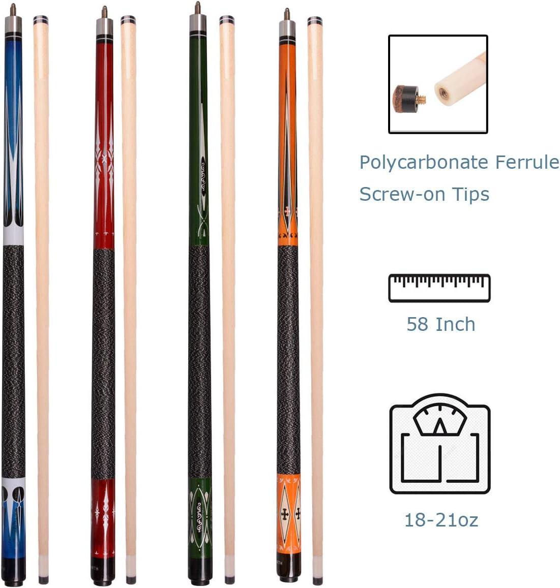 AB Earth 58 Set of 4 Pool Cues - Screw-on & Glue-on Tips for Billiard ...