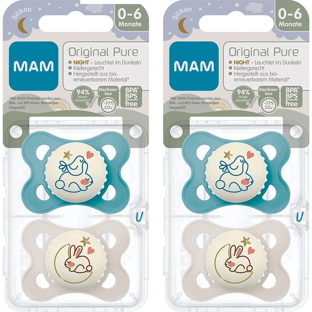 MAM Pacifier 0-6 Months - Set of 4 Night Silicone Pacifiers with ...