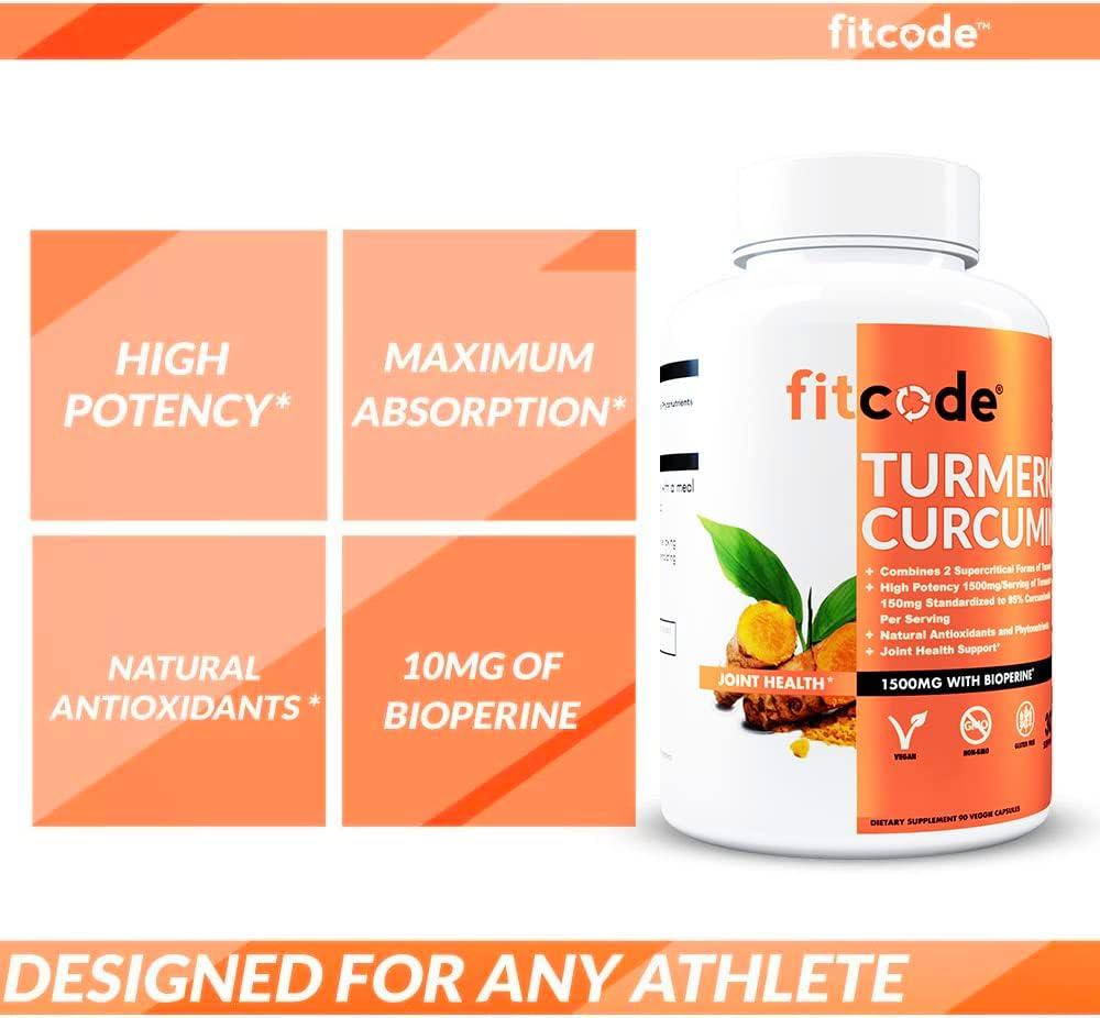 Fitcode 1500mg Turmeric Curcumin with 95% Curcuminoids & BioPerine - Highest Potency, Gluten ...