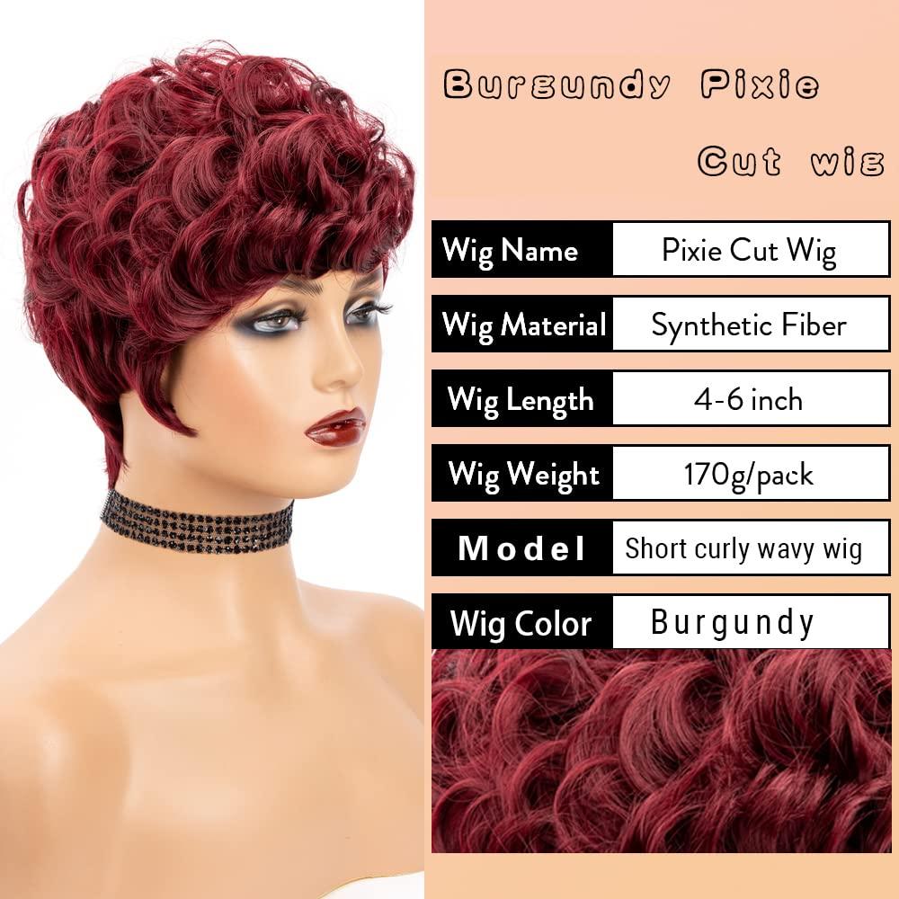 Burgundy Pixie Cut Curly Wig - Short Wave Red Hair Synthetic Wig for ...