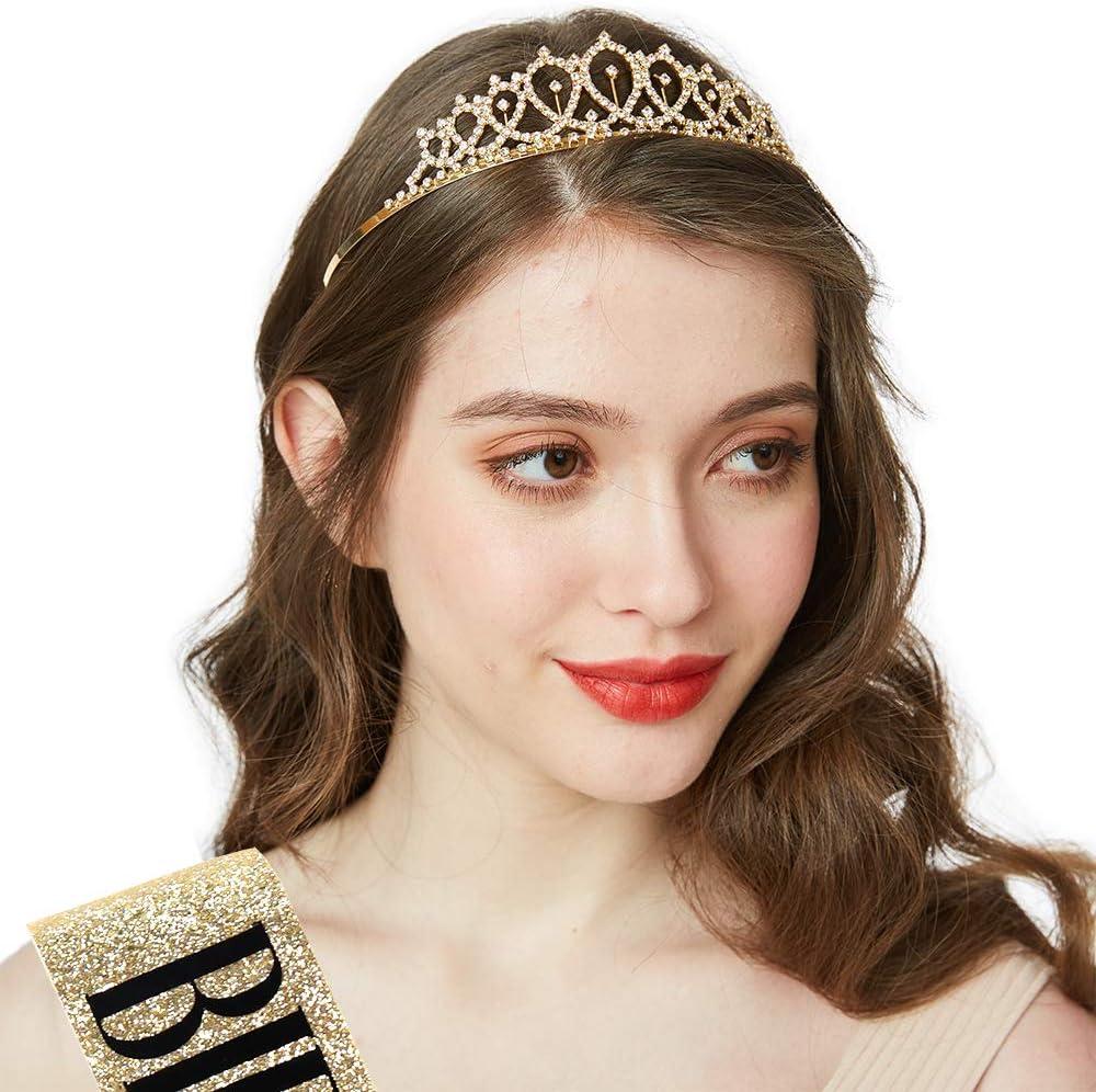 Birthday Girl Sash & Rhinestone Tiara Kit - Gold Glitter Set for Women | Birthday Party Supplies ...