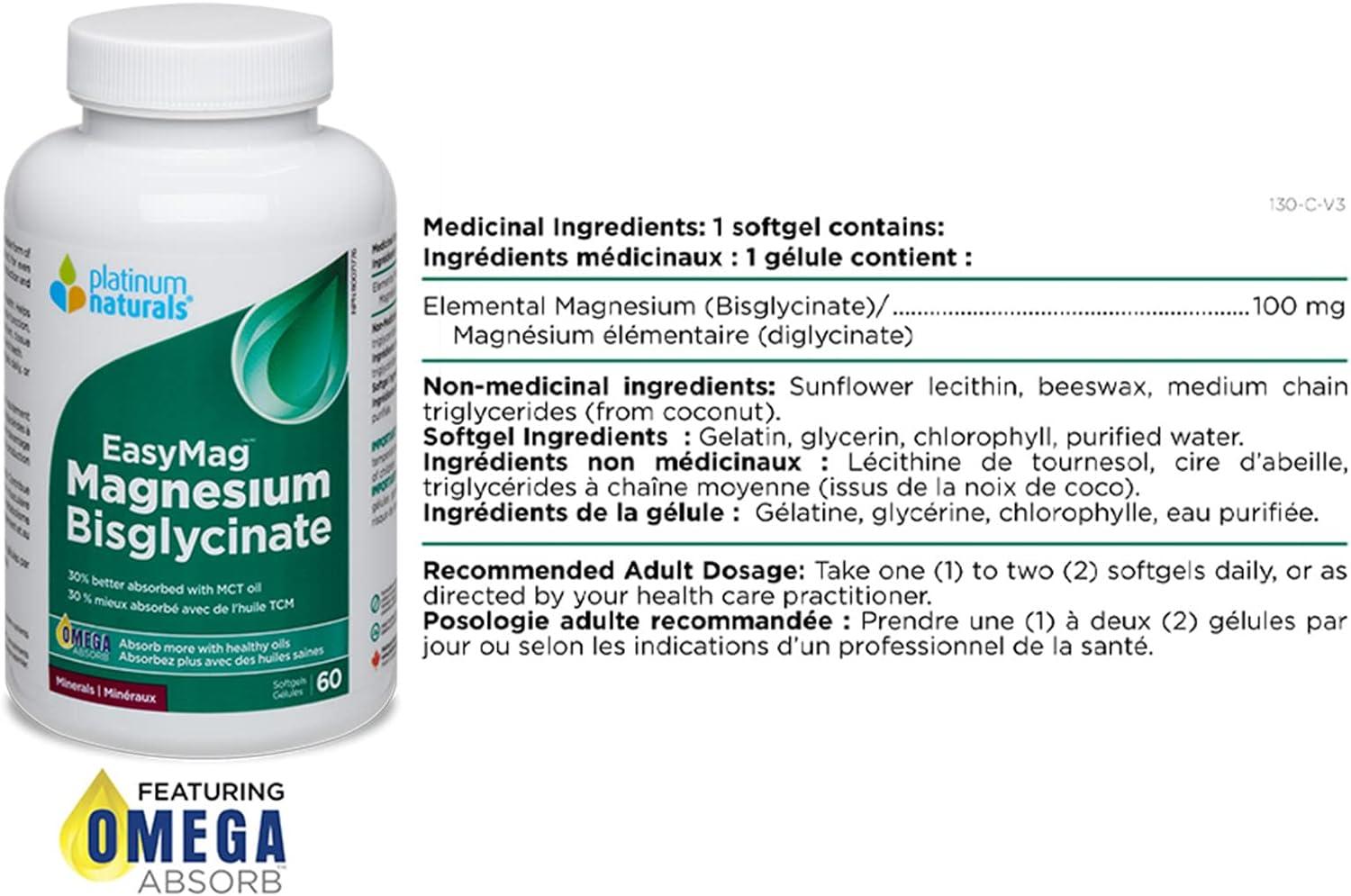 Platinum Naturals EasyMag Magnesium Bisglycinate 60 Softgels - Enhanced ...