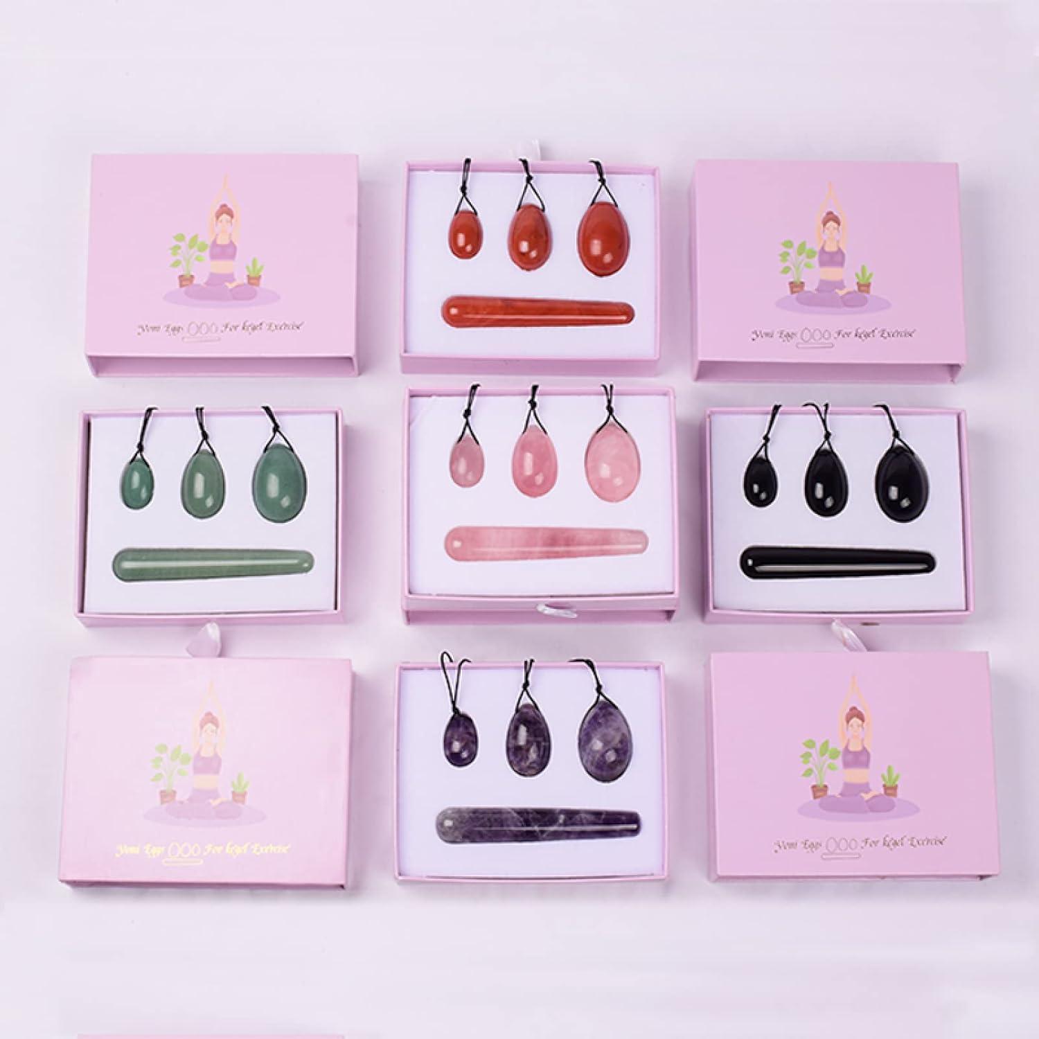 Yoni Ei Set - 4-Piece Natural Jade & Rose Quartz Massage Egg & Wand ...