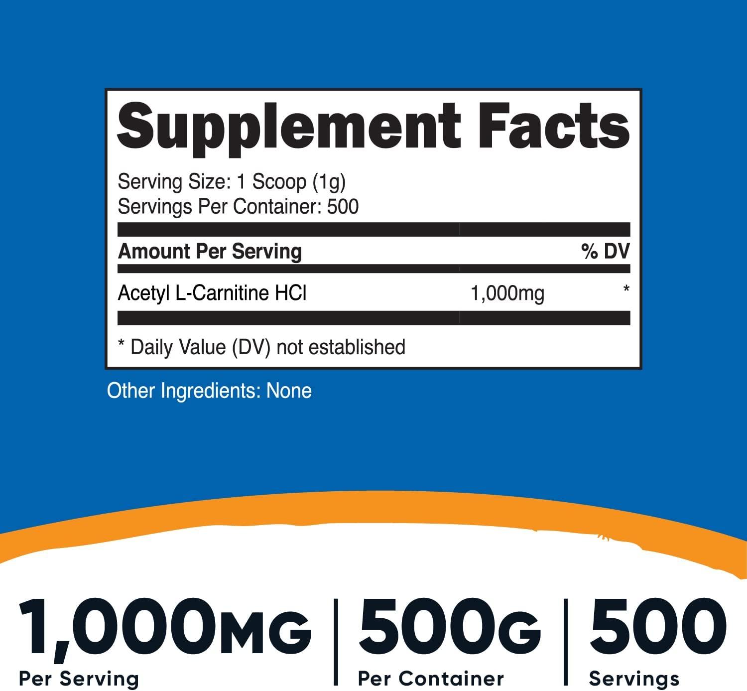 Nutricost Acetyl L-Carnitine (ALCAR) Powder - 500g, 1000mg Per Serving ...
