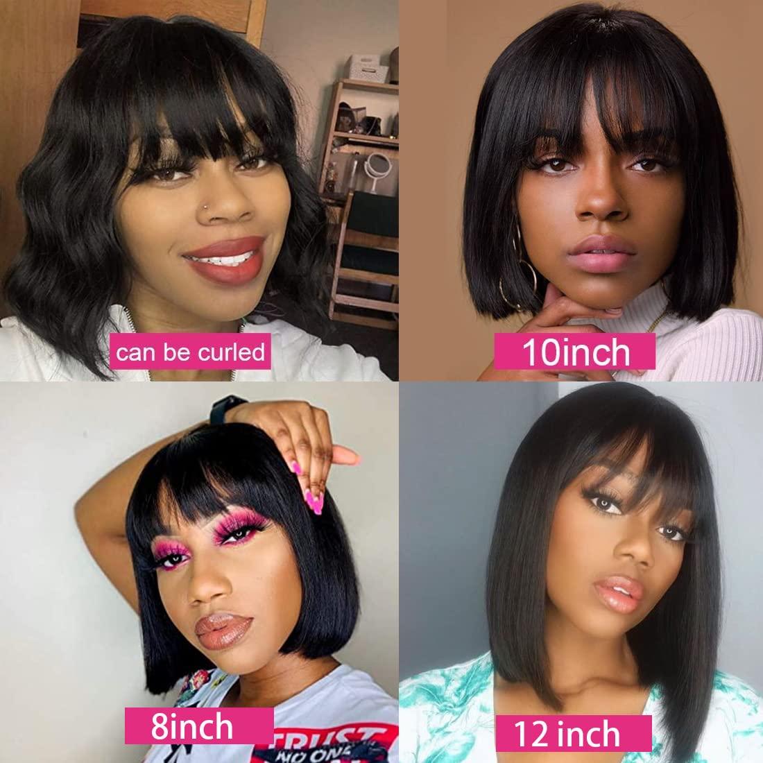 10A Brazilian Virgin Human Hair Bob Wig with Bangs - 8 Inch Glueless ...