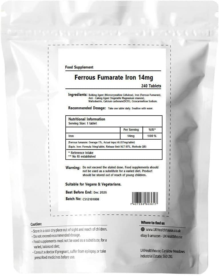 240 Ferrous Fumarate Iron Tablets 14mg - High Strength Blood Cells ...