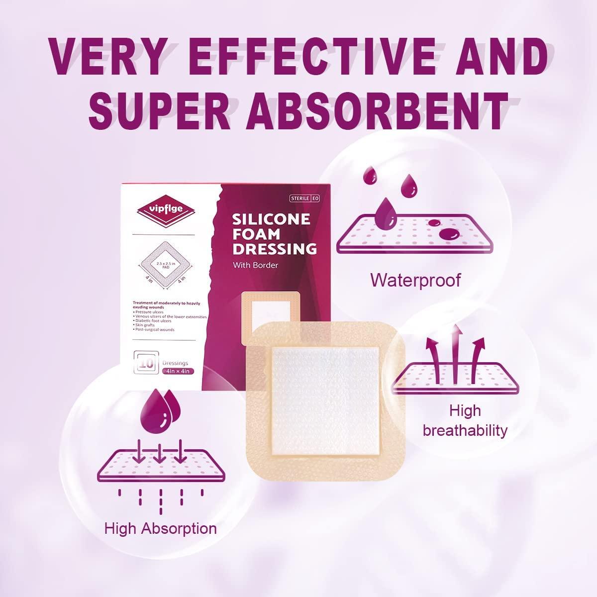 Silicone Foam Dressing 4'' x 4'' 10 Pack - High Absorbency Wound ...