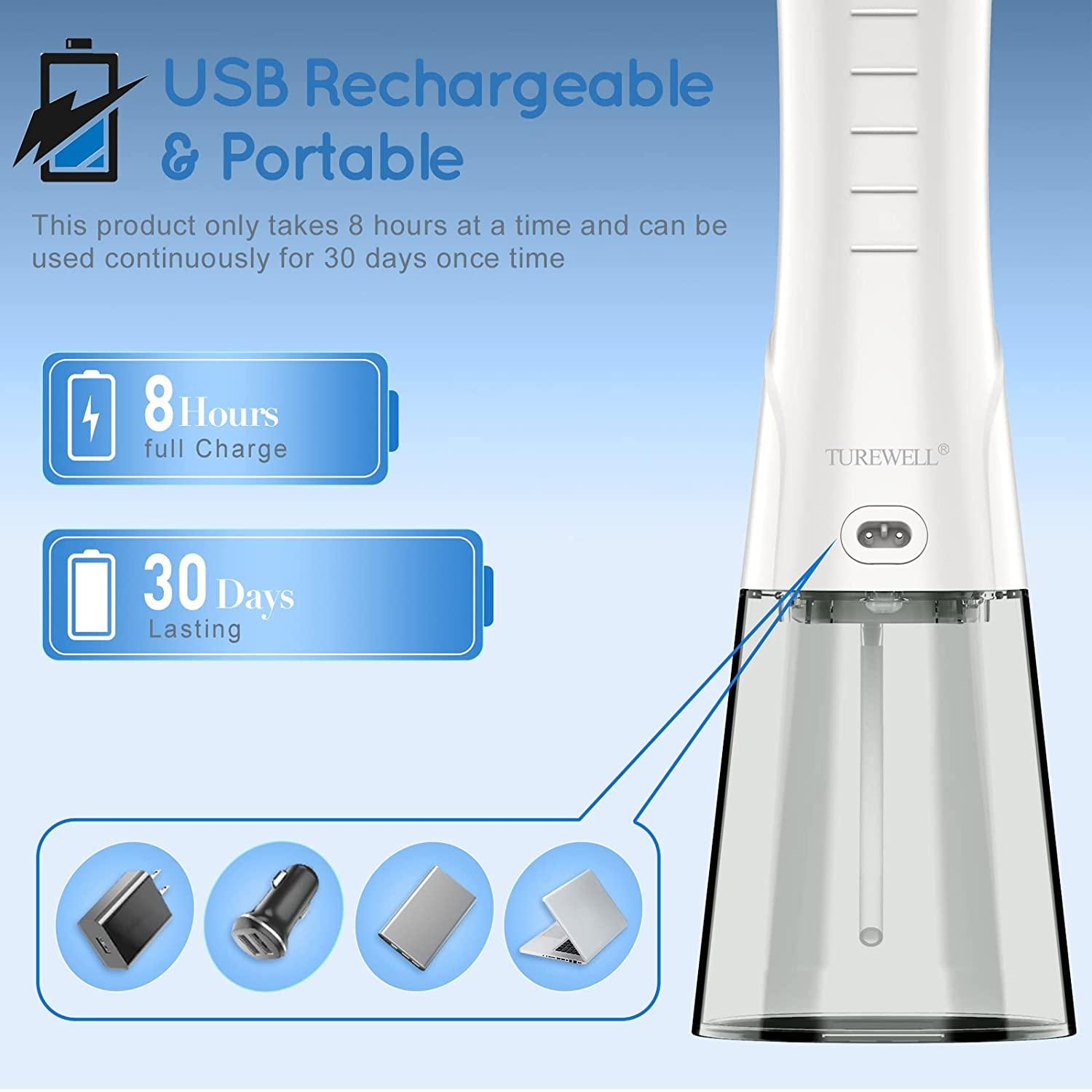 TUREWELL Cordless Water Flosser Rechargeable DIY Modes Oral Irrigator, 300ML Tank, IPX7 ...