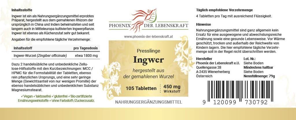 Buy Premium Ginger Tablets 450mg - 105 Vegan Tablets from Austria ...