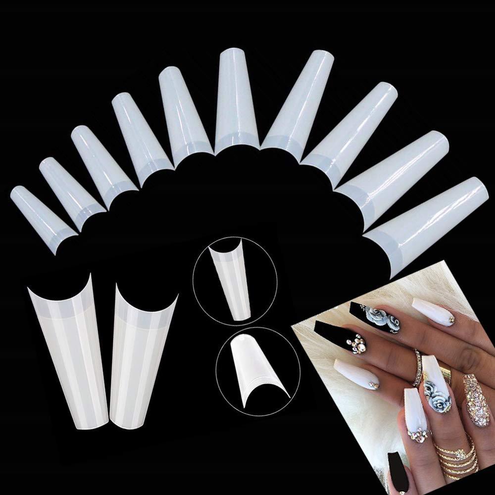 500pcs Natural Coffin Acrylic Nail Tips w/ Box - Long Half Cover False ...