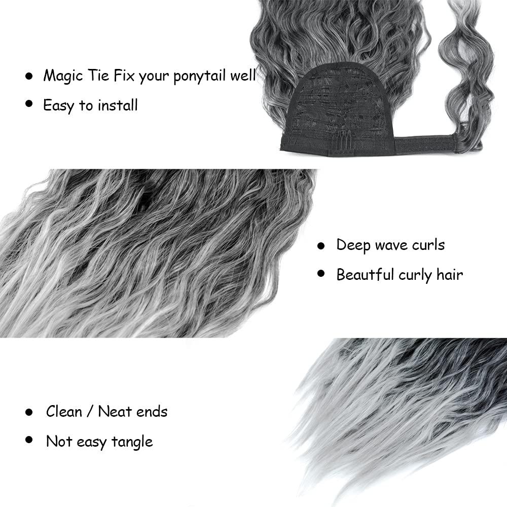 14 Grey Curly Wavy Ponytail Hair Extension - Heat Resistant Synthetic ...