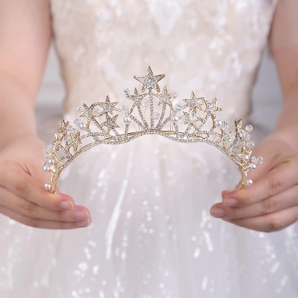 JWICOS Star Rhinestone Princess Crown Gold for Women & Girls | Wedding ...
