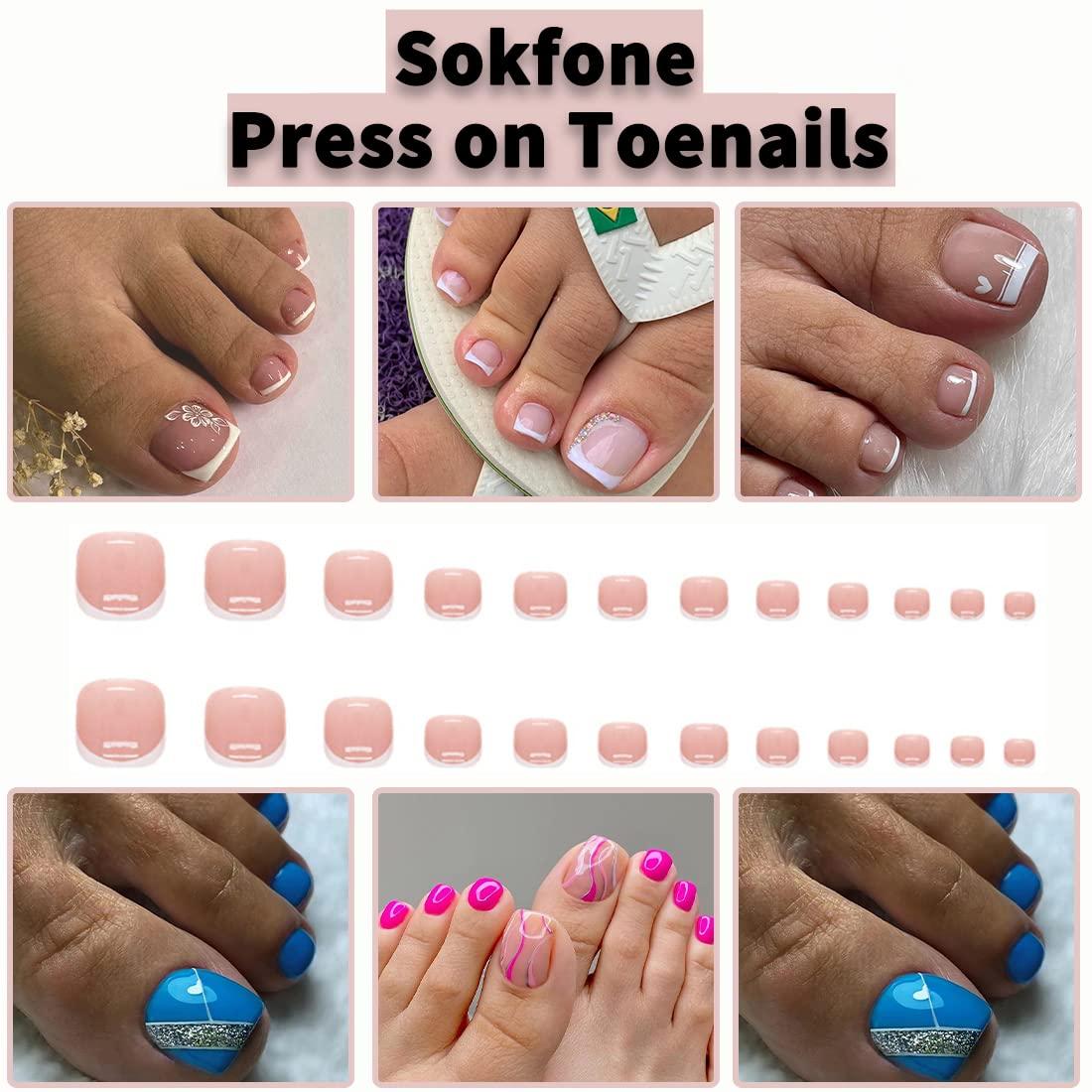 Sokfone Pink Press On Toenails 24 Pcs - Short Square French Tip False ...