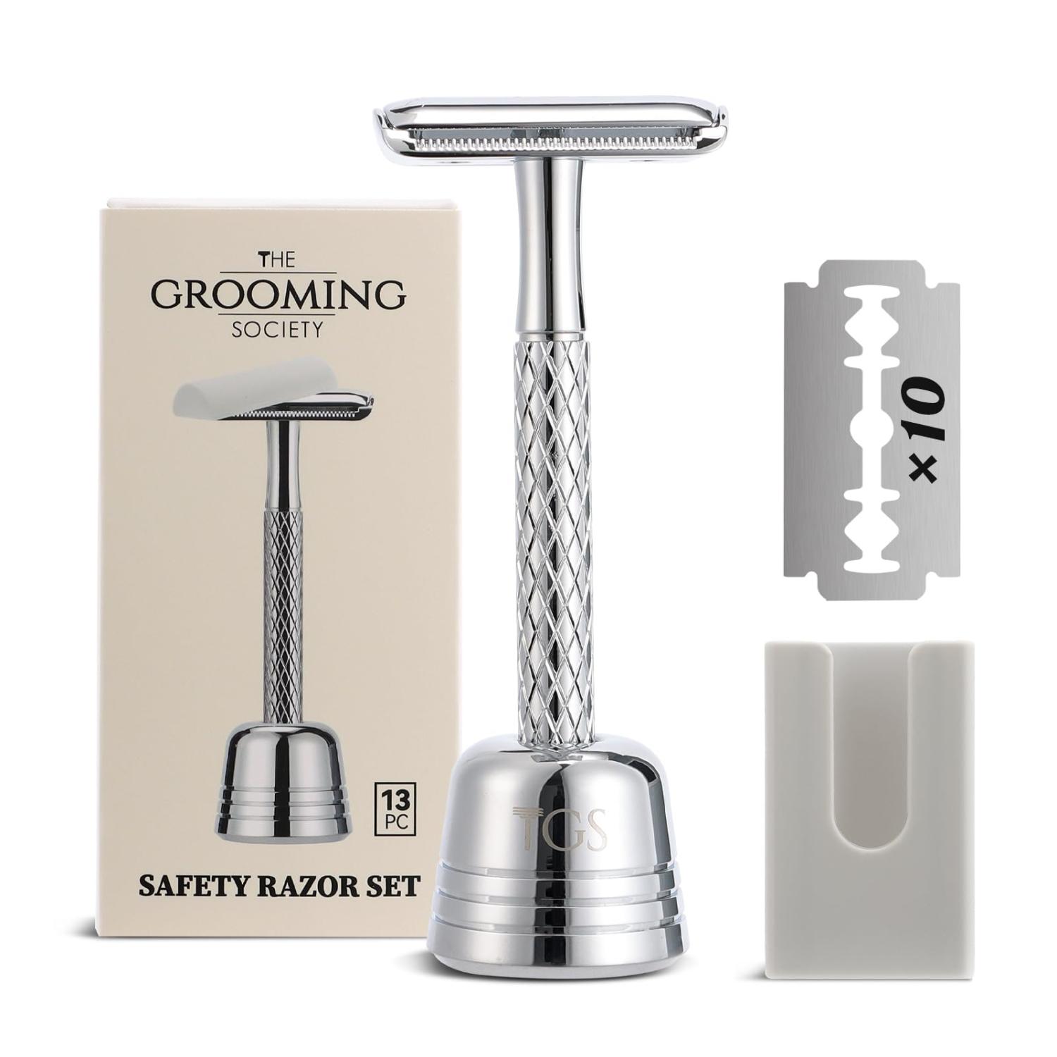 Double Edge Safety Razor - Eco-Friendly Zero Waste Metal Razor with 10 Blades | Reusable Silver ...