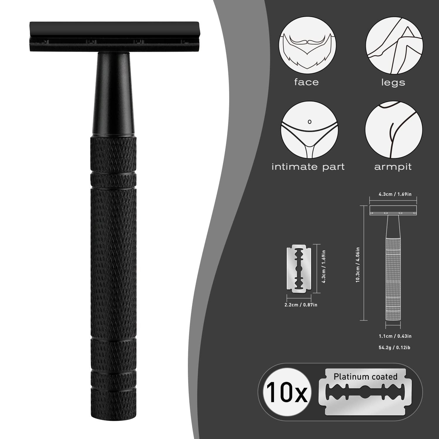 Matte Black Double Edge Safety Razor + 10 Platinum Coated Blades | Men ...
