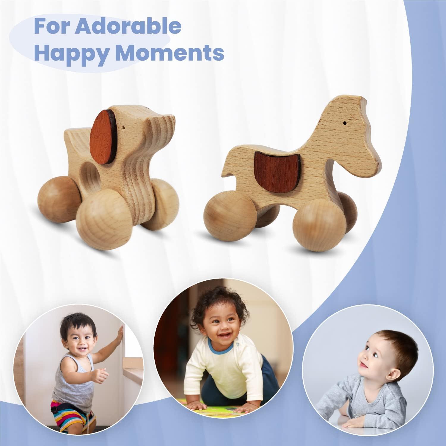TEKOR Wooden Animal Push Toy with Wheels for Baby Toddler Grasping ...