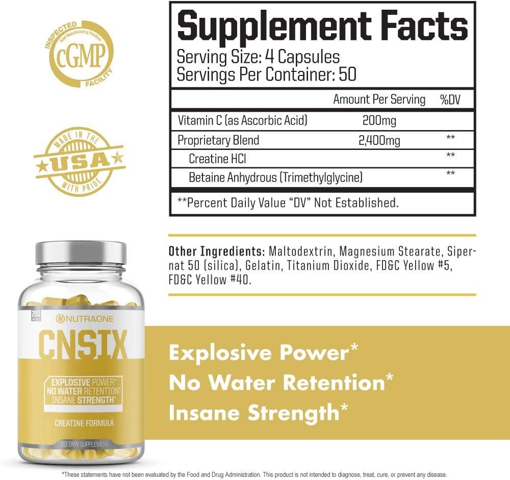 CNSix Creatine Capsules by NutraOne - 600mg (200 Capsules) for Lean ...