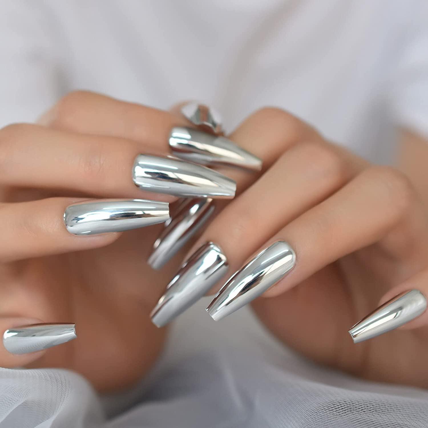 Silver Punk Metallic Press On False Nails - Long Coffin Ballerina ...