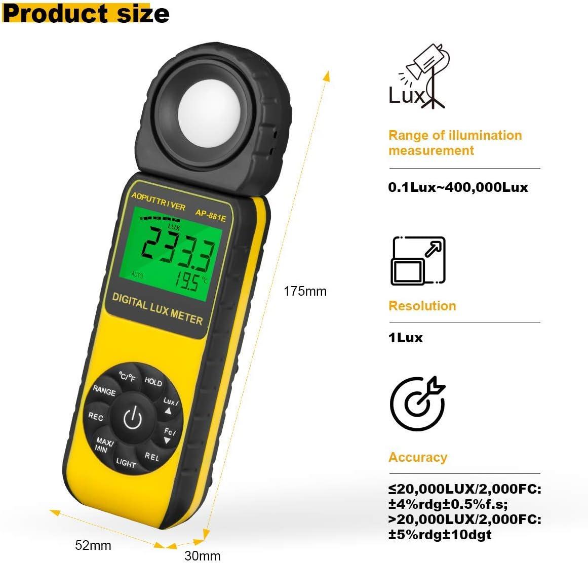 AP-881E Lux Meter for Plants - 3999 Display, Range 0-1300,000Lux, Lux/Fc Unit, MAX/MIN ...
