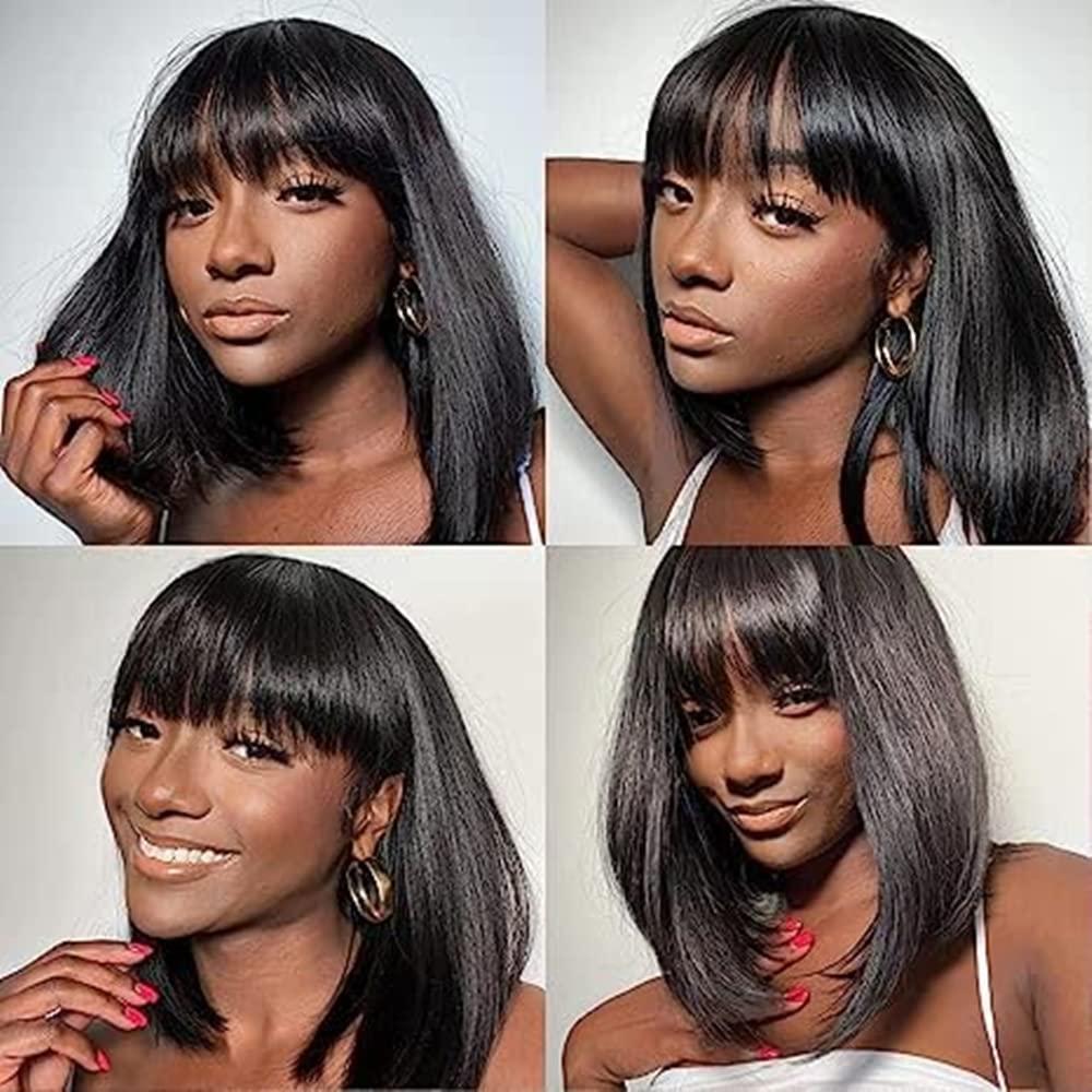 12 Inch Short Bob Human Hair Wig with Bangs - 150% Density, Natural ...