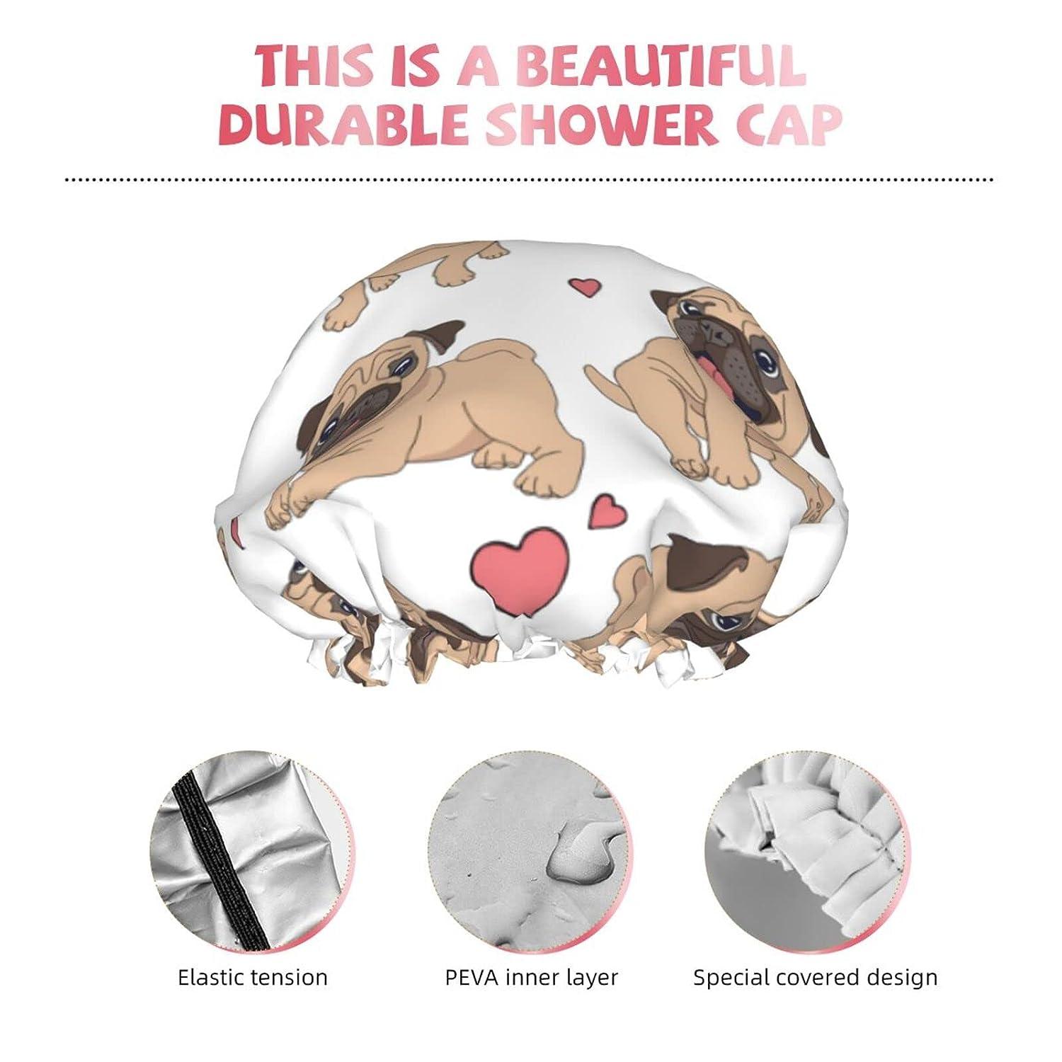 White Brown Pug Shower Cap for Women - Double Waterproof Layers - Large ...