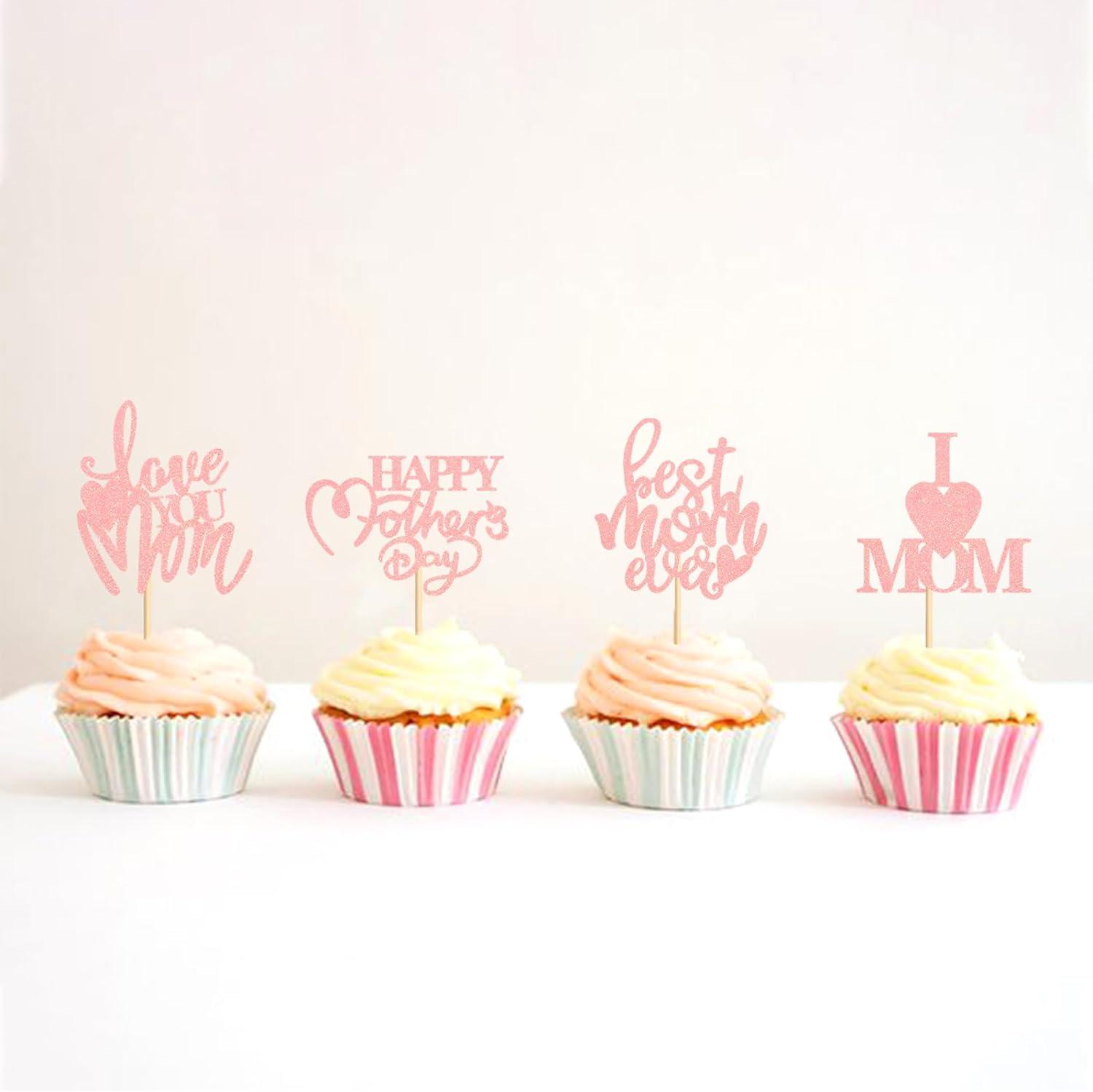 Blumomon 24Pcs Happy Mothers Day Cupcake Toppers Pink Glitter Mum's Day ...