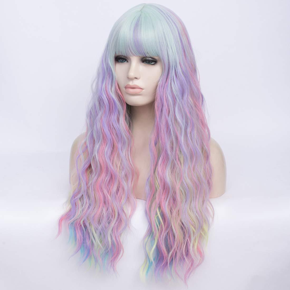 Colorful Rainbow Wavy Wig with Bangs - Perfect for Music Festivals ...