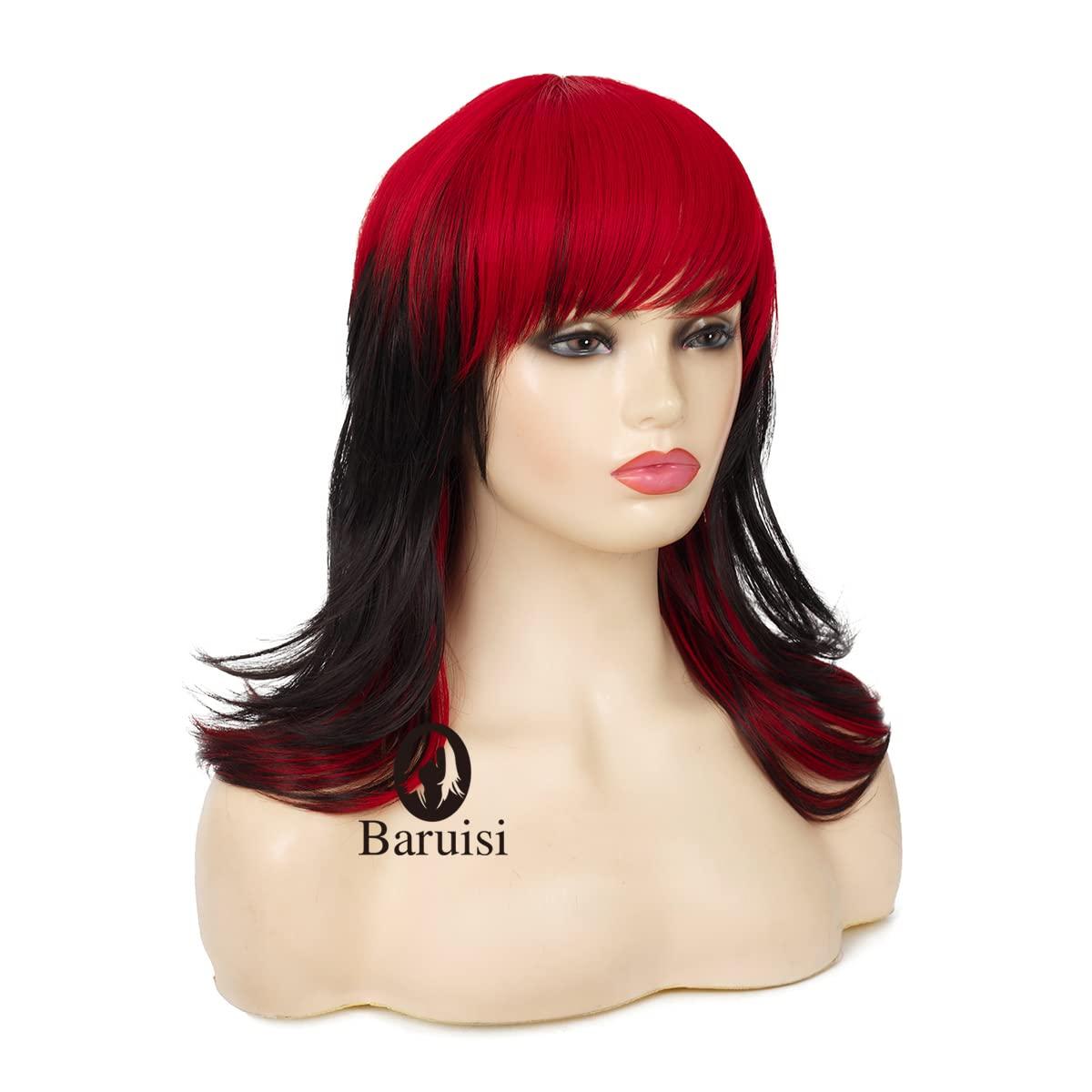 Baruisi Black Red Shoulder Length Layered Shaggy Wig with Bangs ...