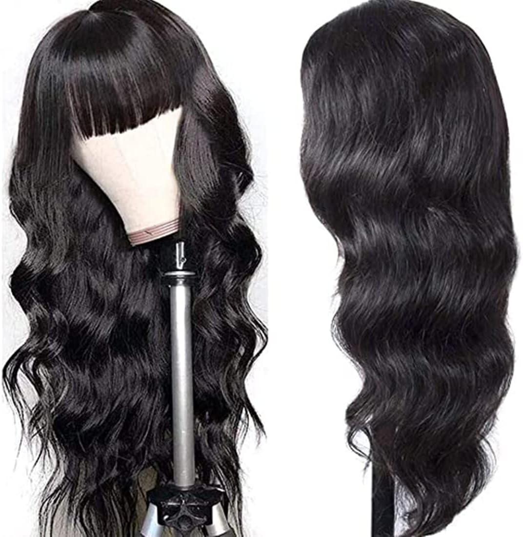 ALIPOP Black Body Wave Brazilian Human Hair Wig with Bangs 2X4 Glueless ...