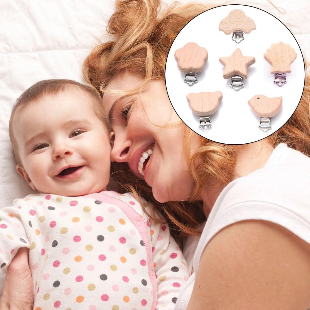 Wood Pacifier Clip Set - 6 Baby Pacifier Clips Natural Wooden ...