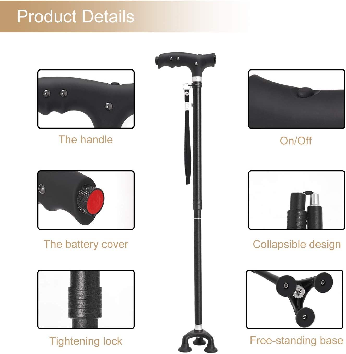 BeneCane Adjustable Walking Cane with LED Light - Lightweight Portable ...