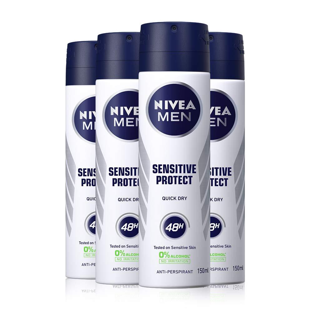 NIVEA MEN Anti-Perspirant Deodorant Spray Sensitive Protect Pack of 4 (4 x 150ml) Mens ...