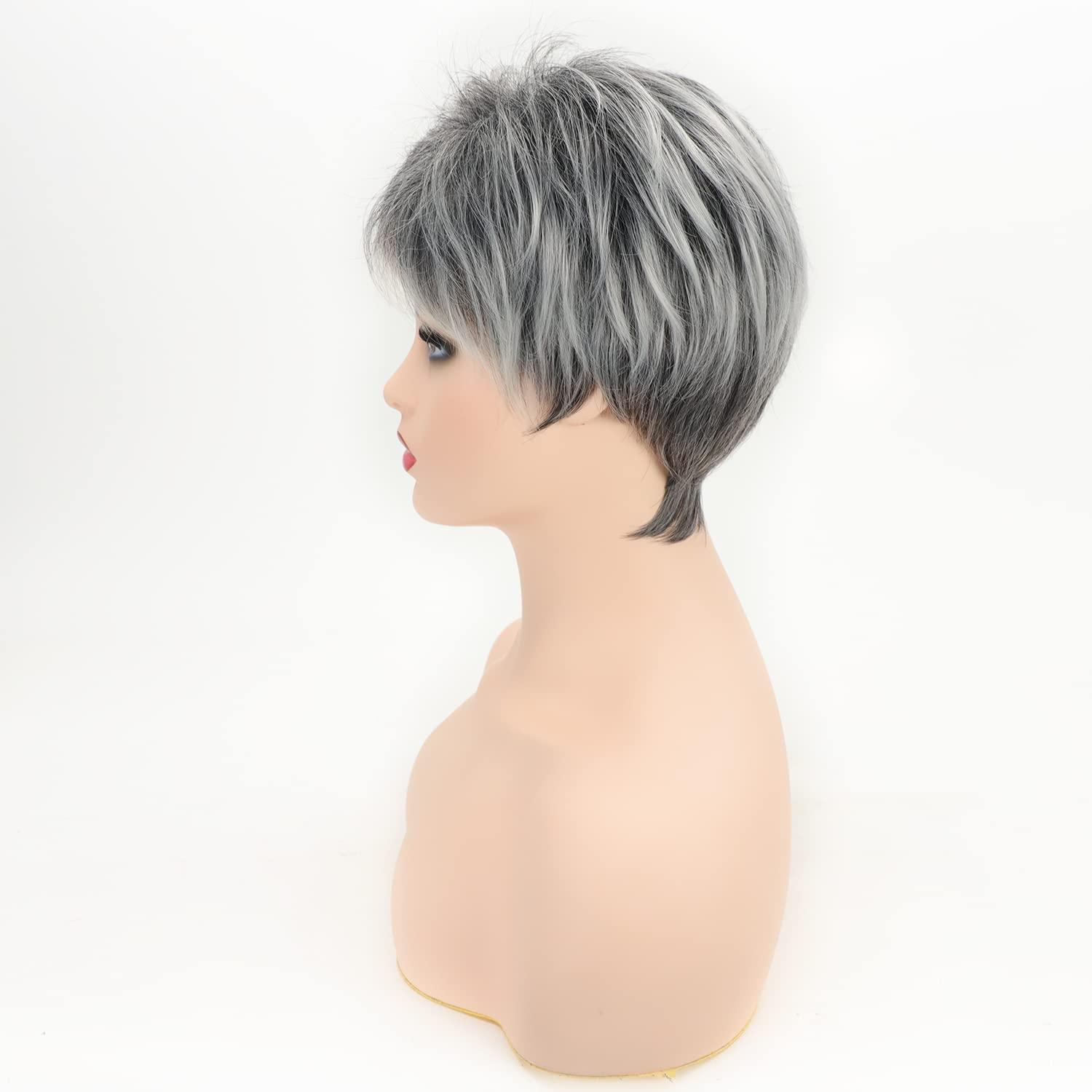 Grey Pixie Cut Wig for White Women - Layered Synthetic Short Grey Wig ...