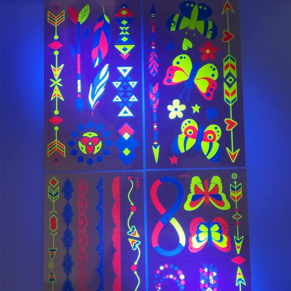 Neon Glow in the Dark UV Temporary Tattoos - 20 Large Sheets for Women ...