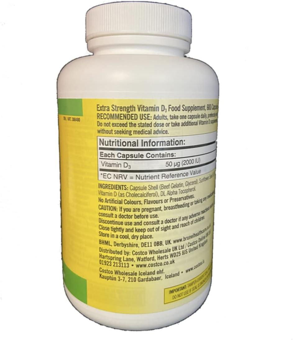 Kirkland Signature Extra Strength Vitamin D3 2000 I.U. Softgels - 600 ...
