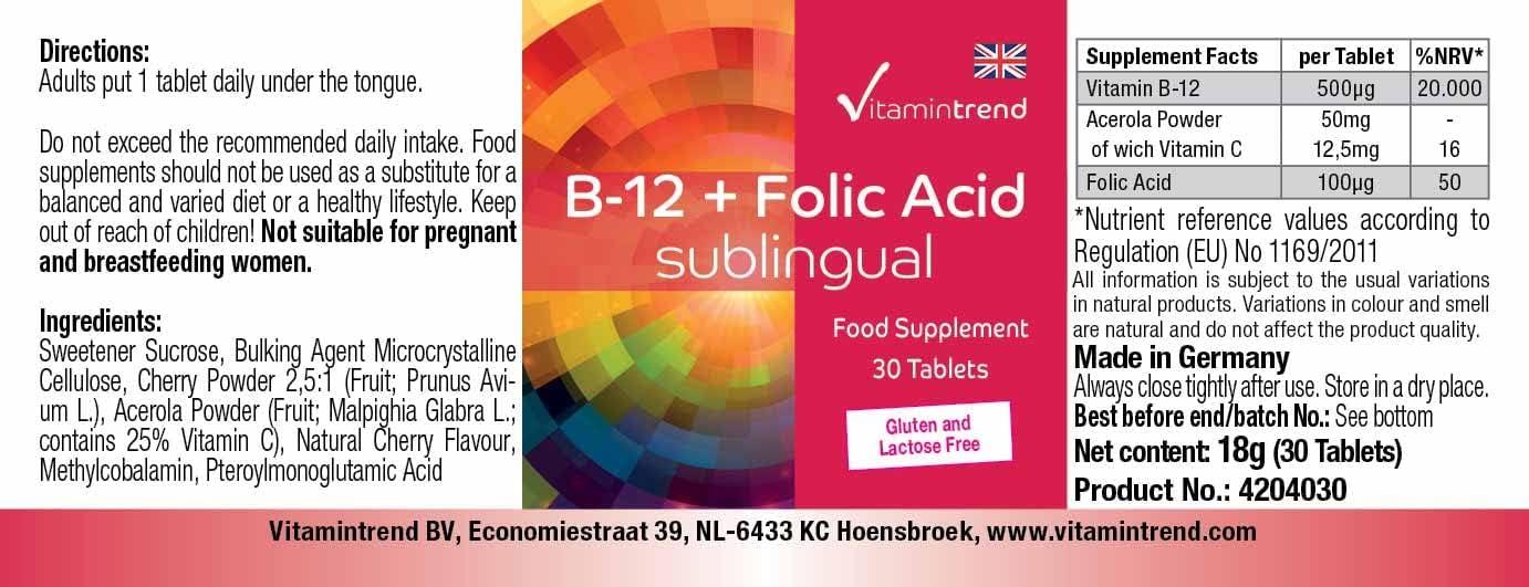 Vitamin B-12 + Sublingual Folic Acid - 30 Tablets with 500 g Vitamin ...