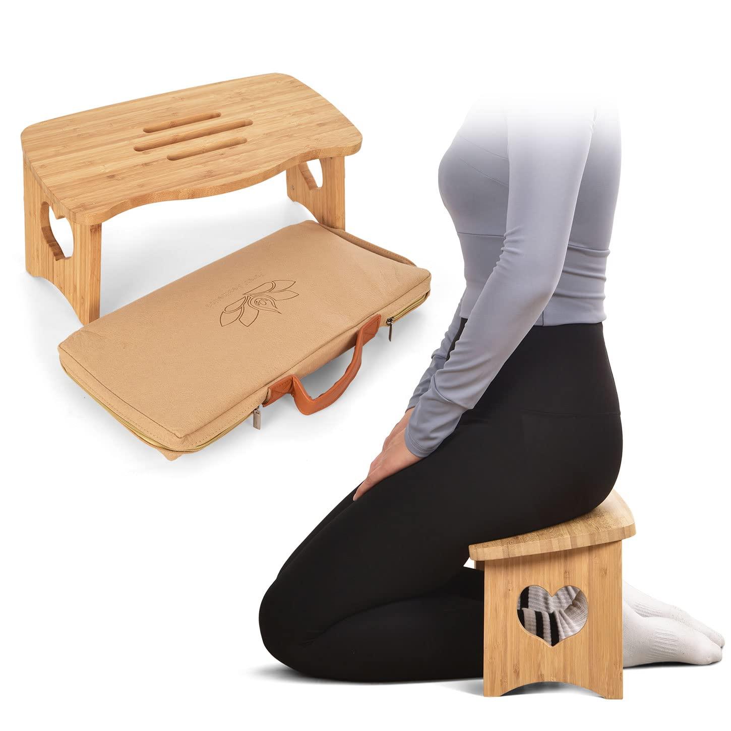 Foldable Bamboo Kneeling Meditation Bench with Carrying Bag - Ergonomic ...